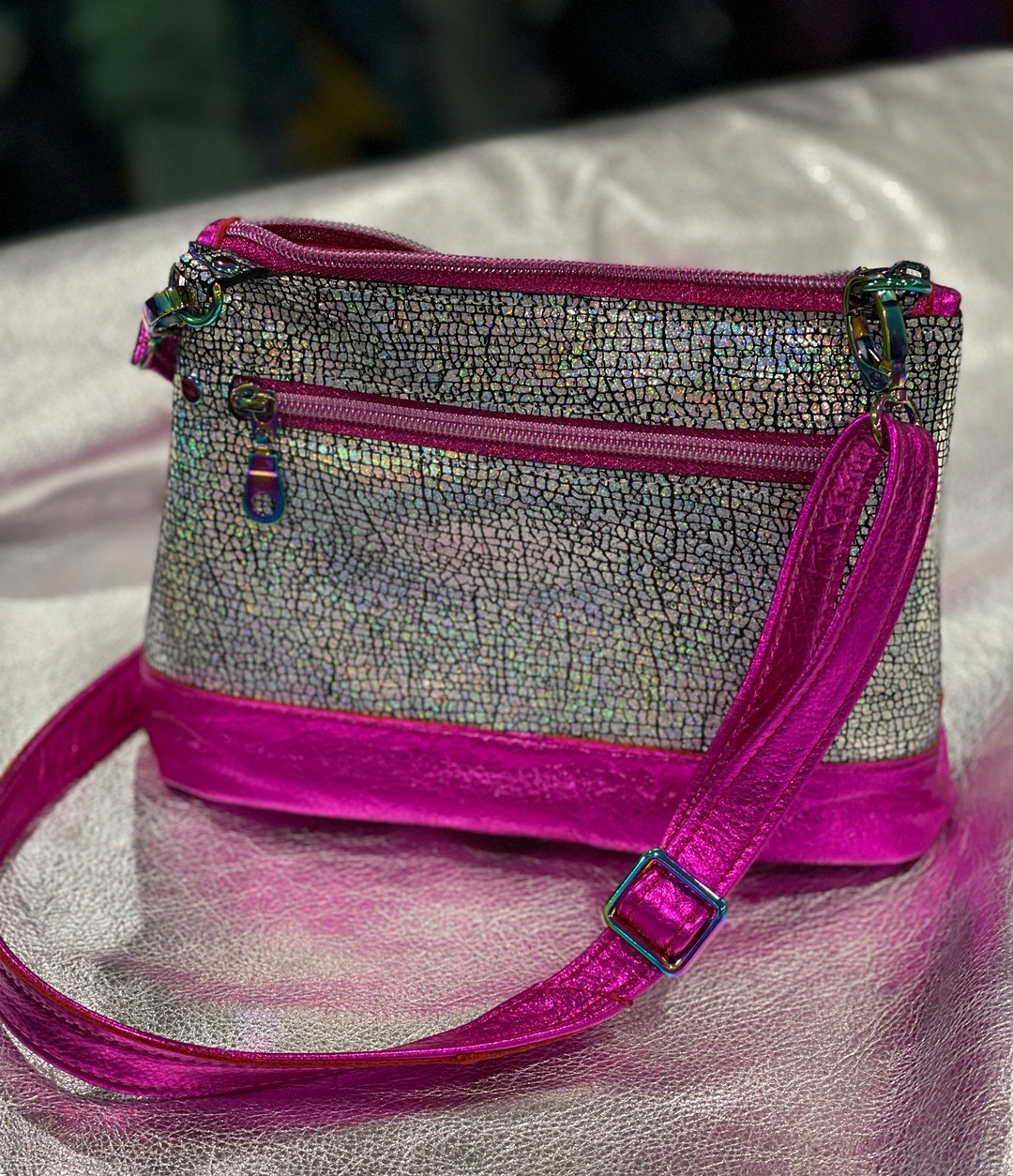 Holographic and Fuchsia Pink Crossbody Bag, Small Lined Purse, Pocket ...