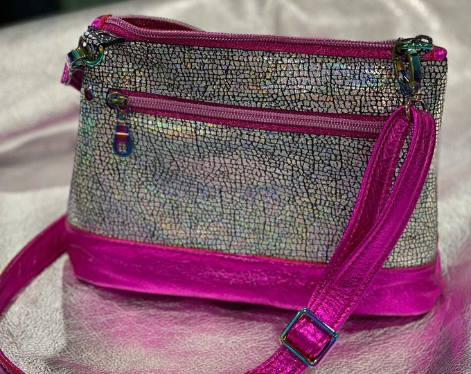Holographic and Fuchsia Pink Crossbody Bag, Small Lined Purse, Pocket ...