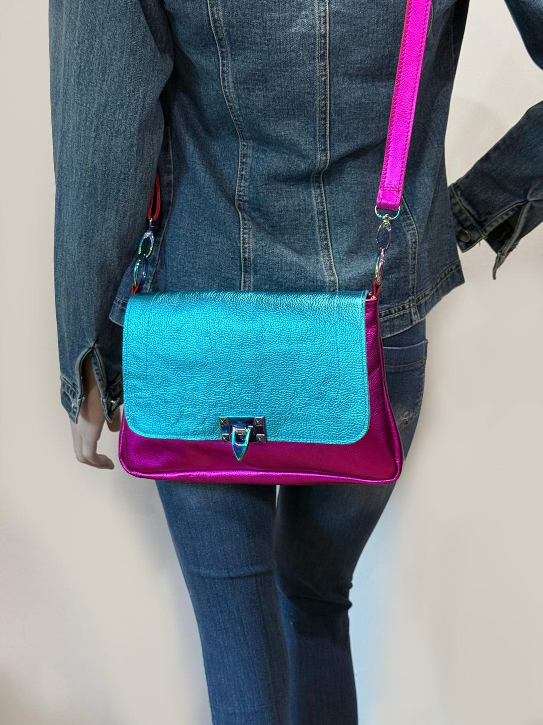 Fuchsia Pink and Turquoise Metallic Leather Crossbody or Shoulder Bag ...