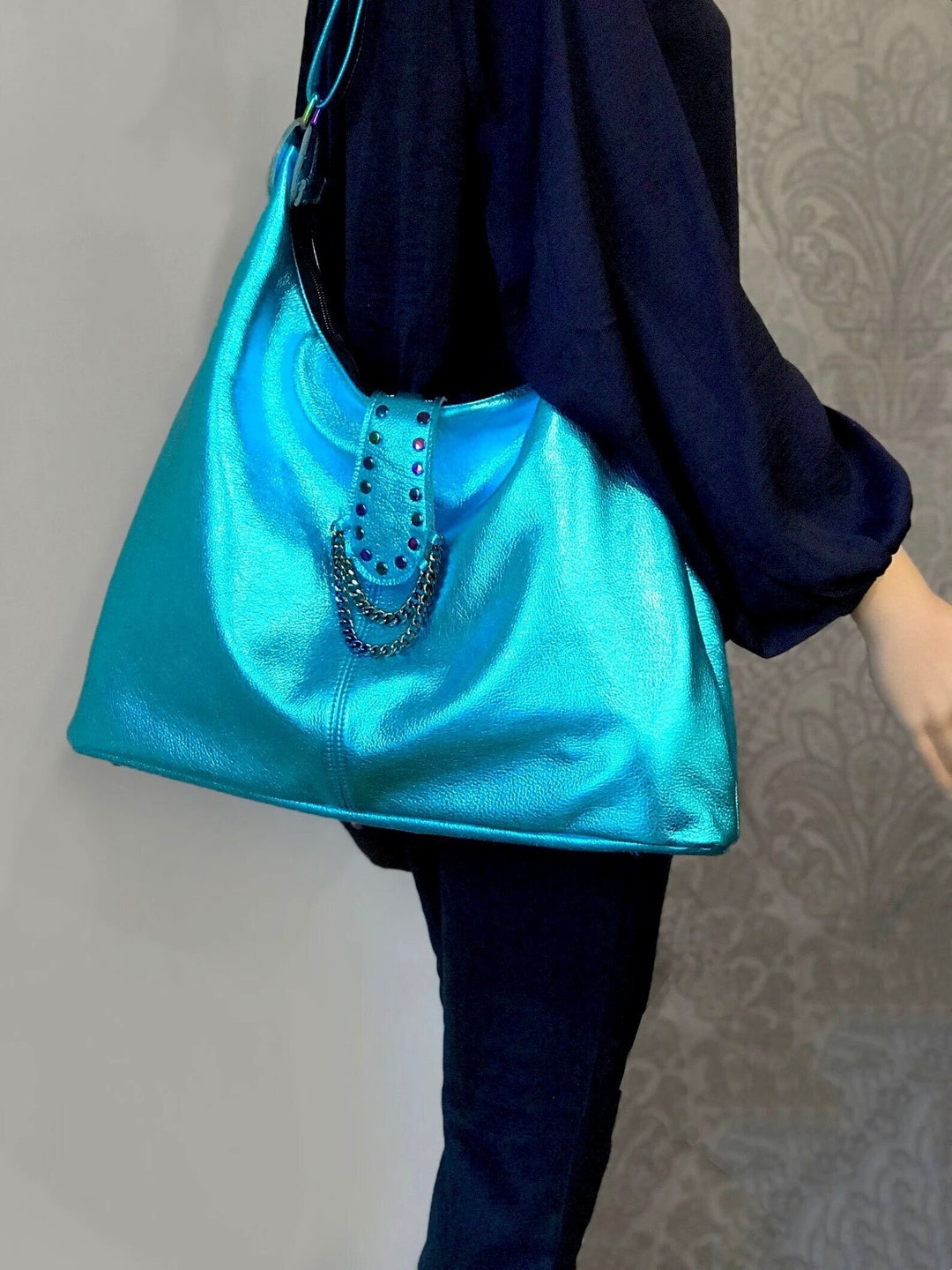 Turquoise Metallic Italian Hobo Rainbow Hardware, 2 Sizes, Iridescent ...
