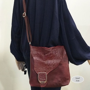 Red Croco Leather Bag, Italian Croco Embossed Bag, Deep Red Bag, 3 ...