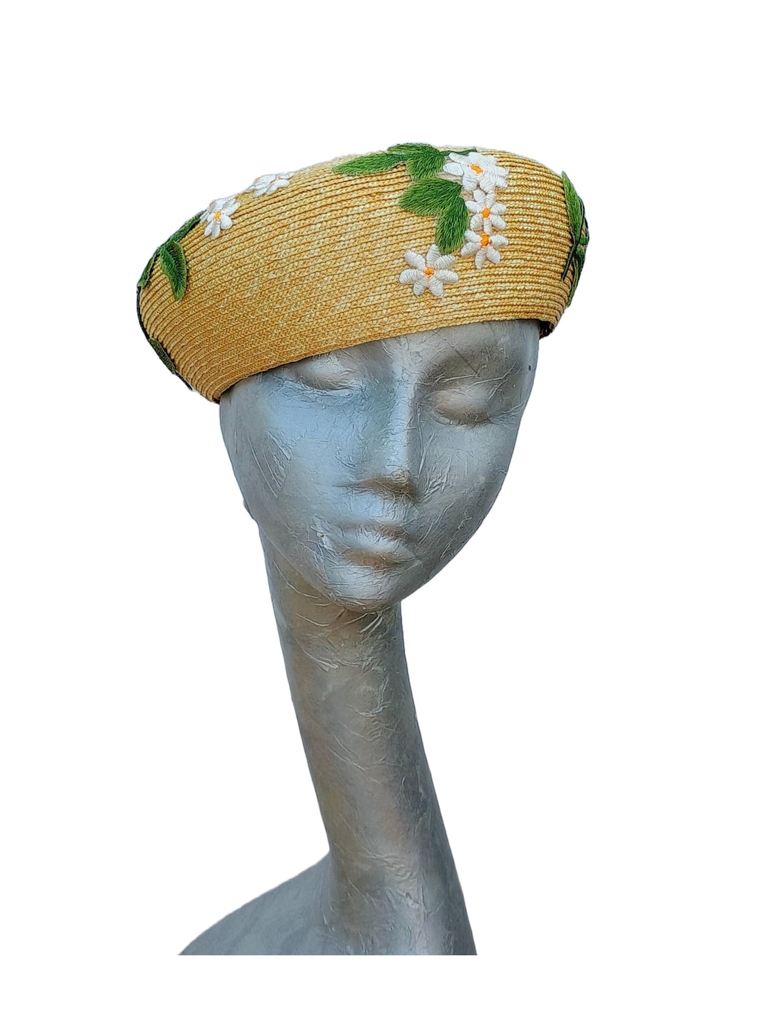 Heath - Straw Raffia Pillbox Beret Hat With Applique Detail - Etsy