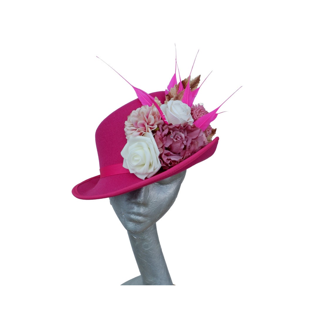 Darcy - Hot Pink & Ivory Slanted Soft Top Hat With Floral Detail - Etsy