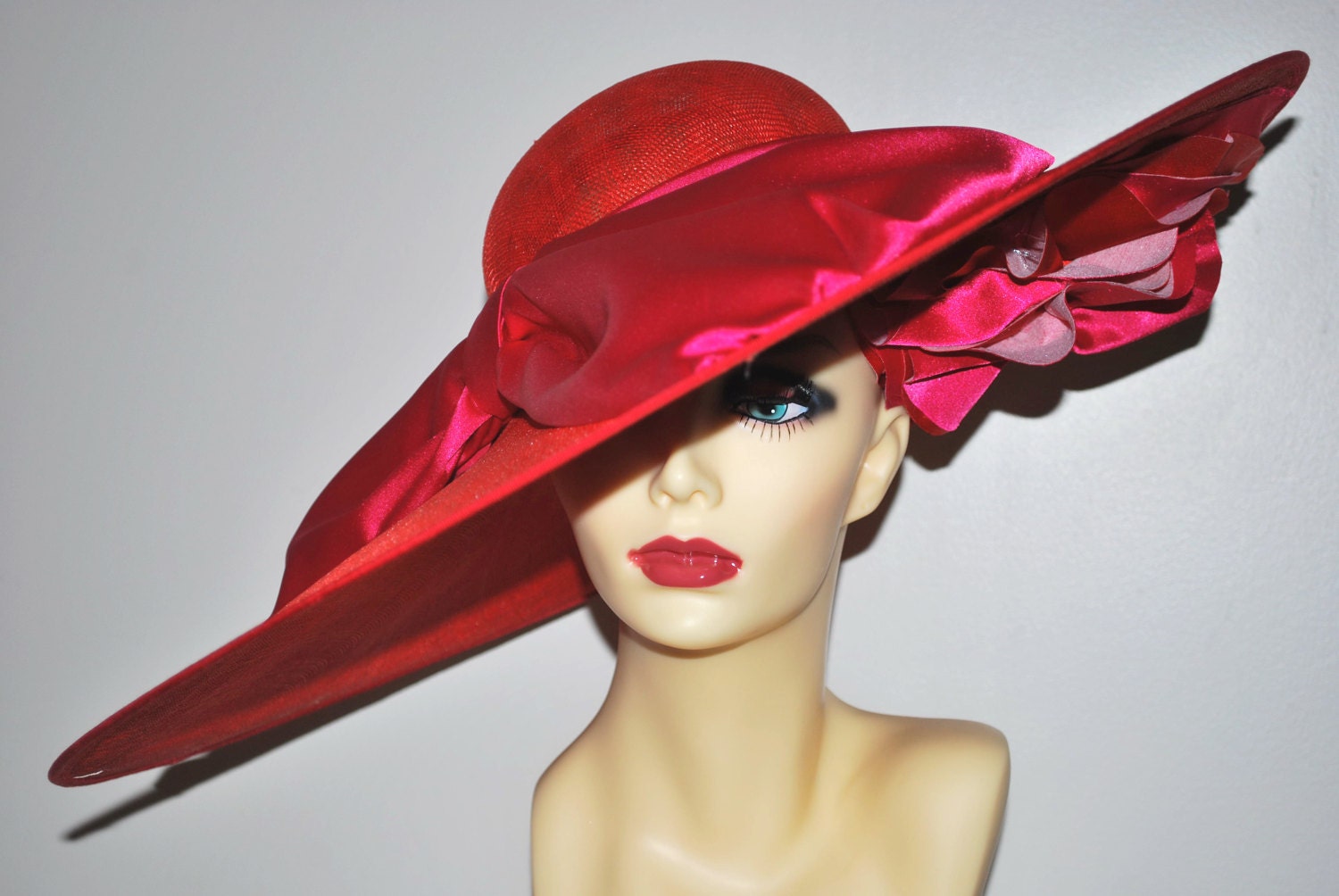 Extra large desiger Red & Cerise hat ideal for Royal Ascot or the Derby ...