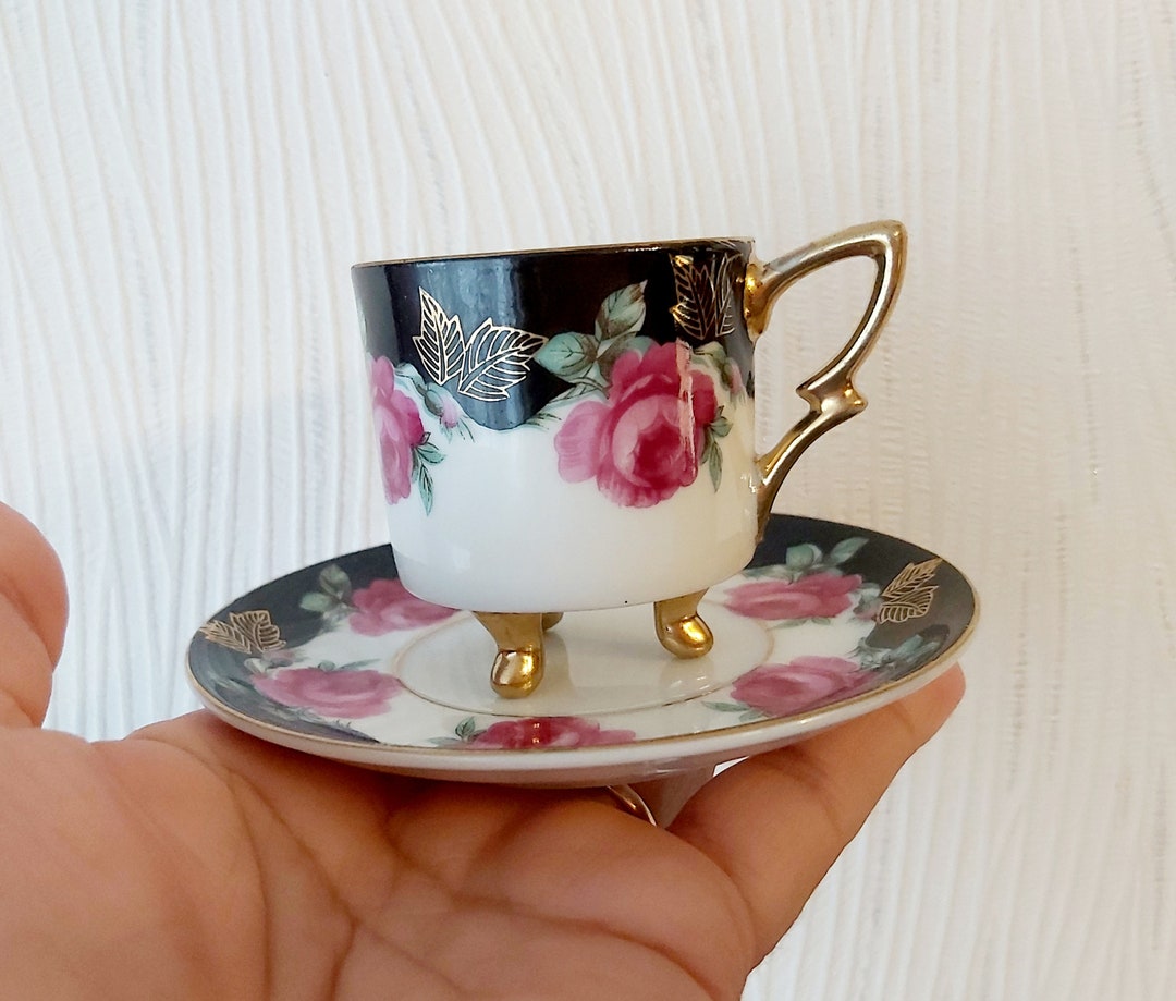Vintage Antique Mocha Coffee Cup on Legs Black Flowers With Roses Small ...