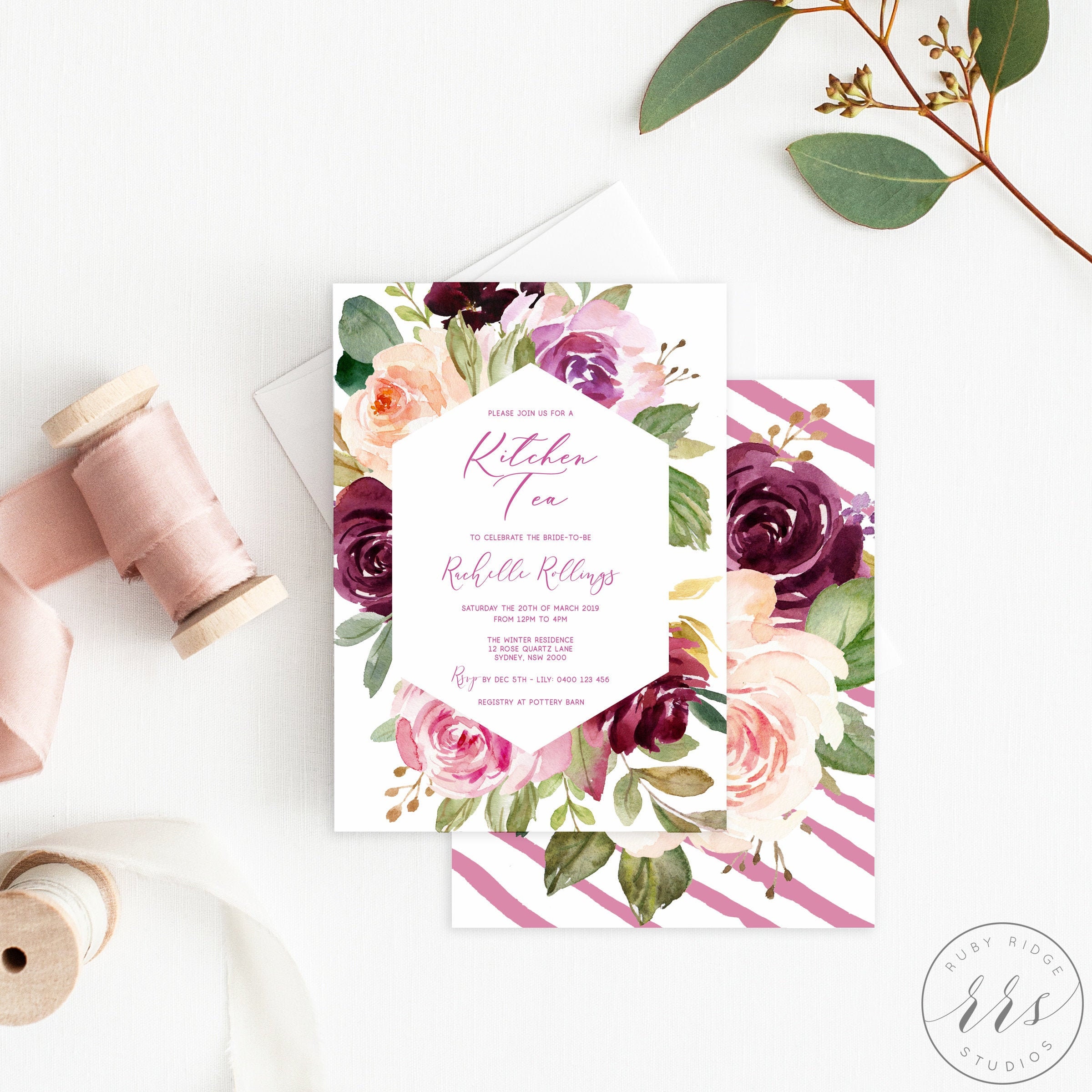 EDITABLE Kitchen Tea Invitation Recipe Card Burgundy Blush | Etsy