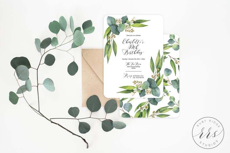Printable Birthday Invitation Eucalyptus Greenery Watercolor | Etsy