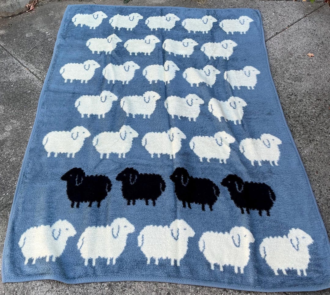 Vintage 80’s Crown Craft Vuteks Sheep Throw Blanket Blue White Black ...