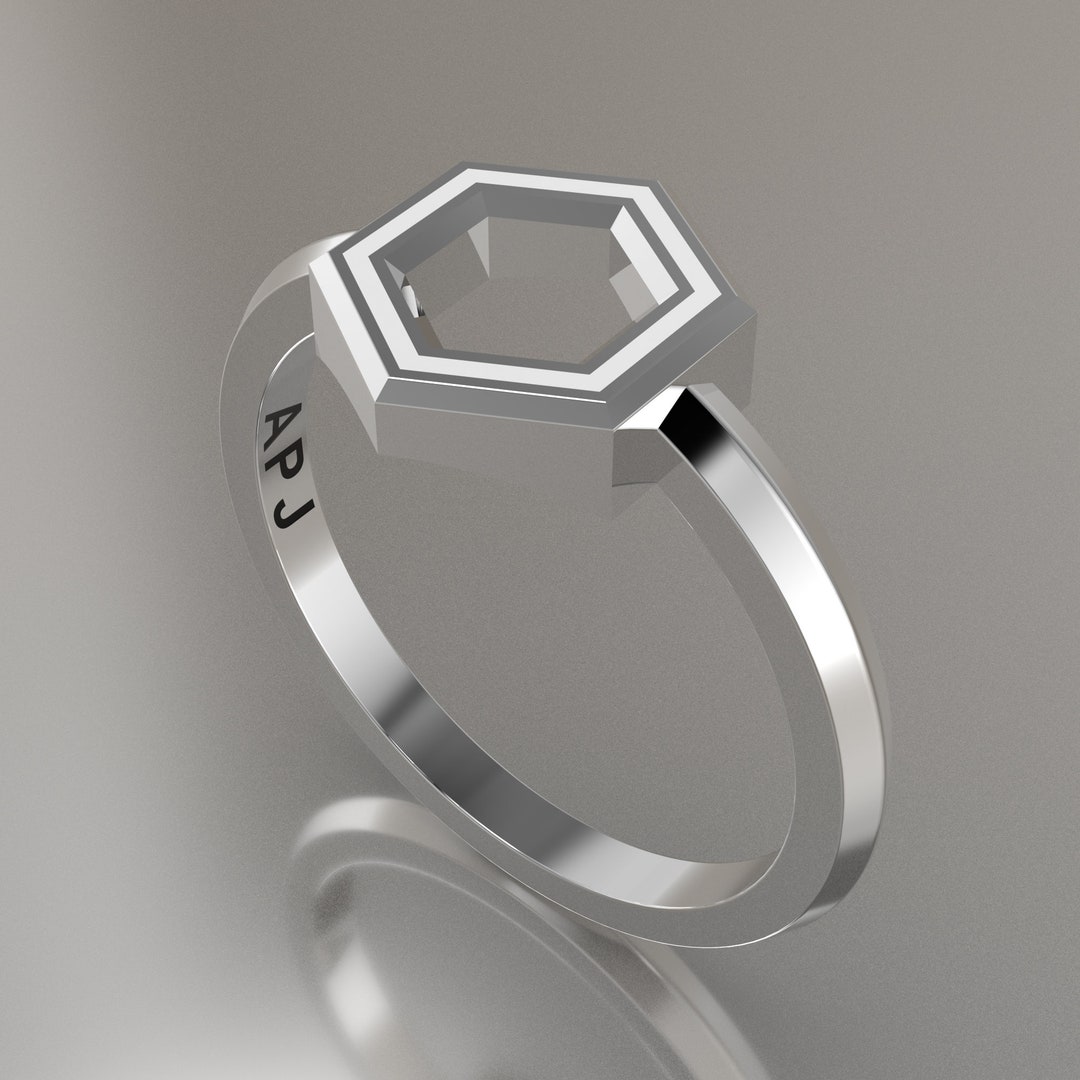 Silver Geometric Hexagon Ring, White Resin Solid Sterling Silver Petite ...