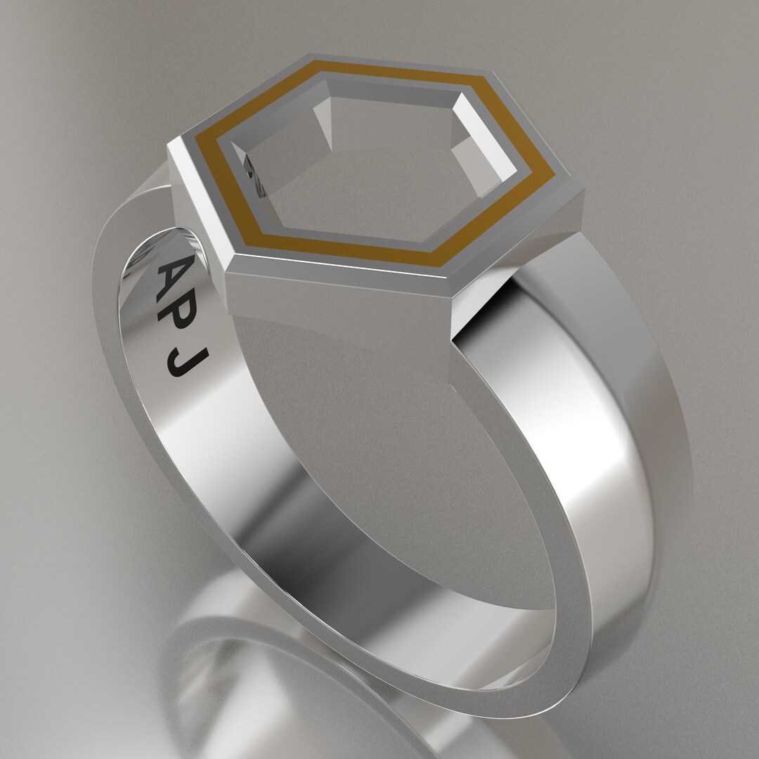 White Gold Geometric Hexagon Signet Ring, Yellow Resin Solid 14kt White ...