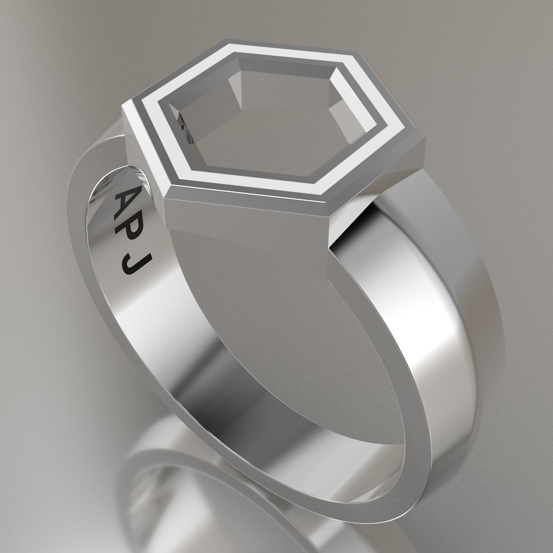 Silver Geometric Hexagon Signet Ring, White Resin Solid Sterling Silver ...