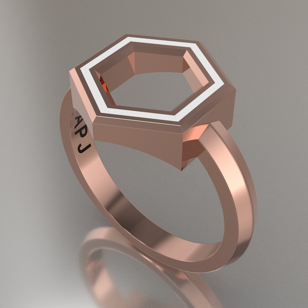 Rose Gold Geometric Hexagon Ring, White Resin Solid 14kt Rose Gold ...