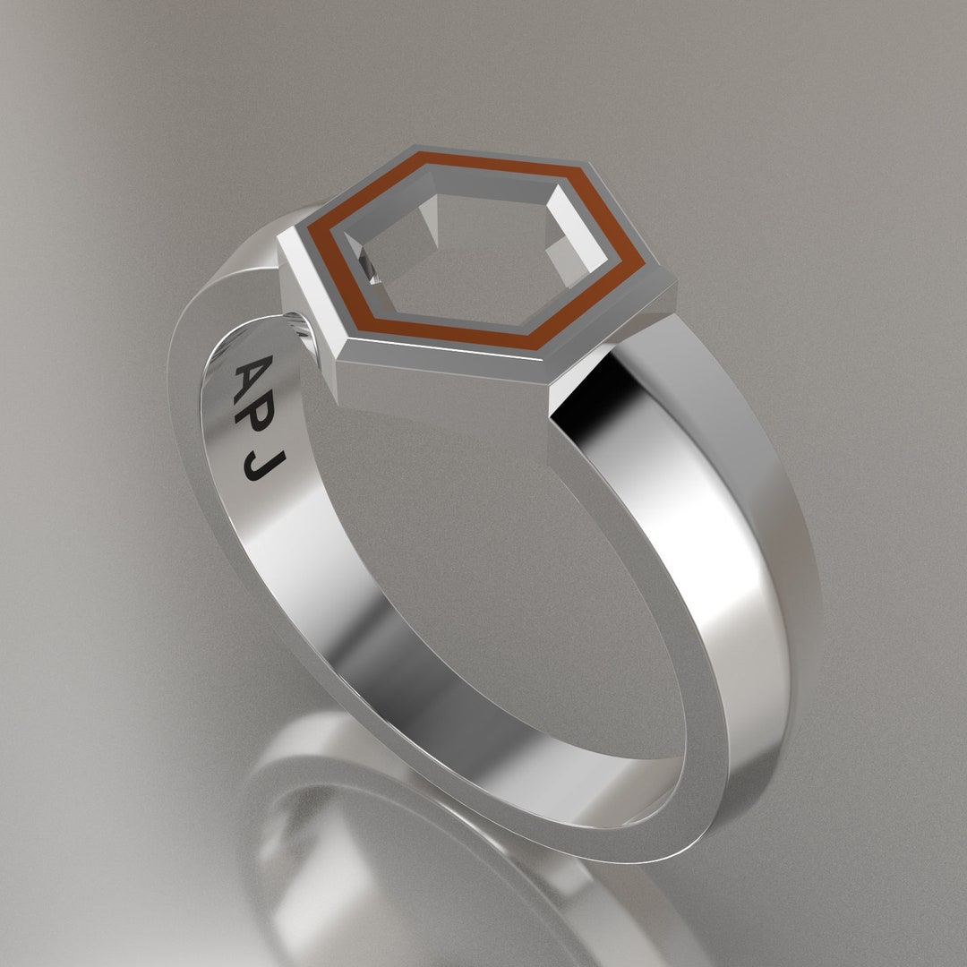 Silver Geometric Hexagon Signet Ring, Orange Resin Solid Sterling ...