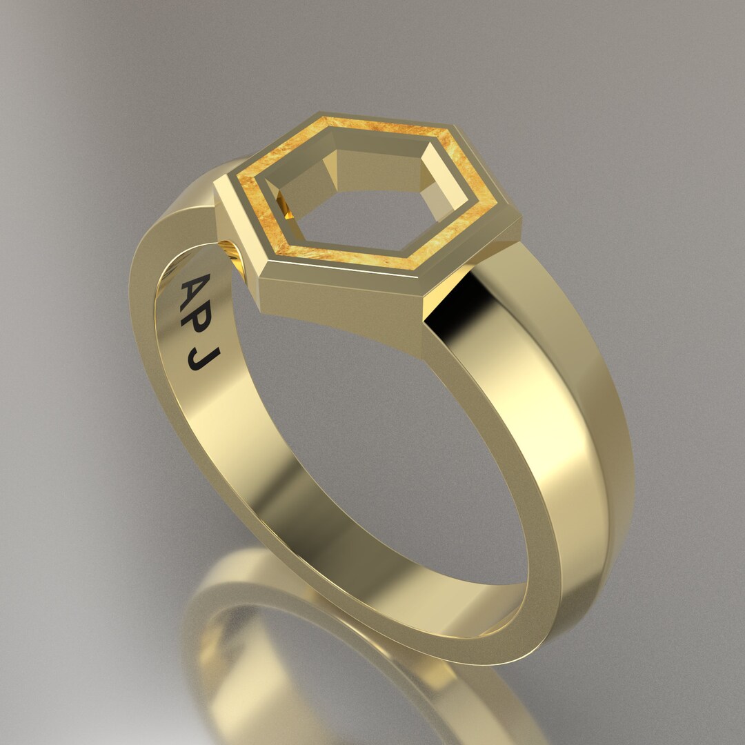 Yellow Gold Geometric Hexagon Signet Ring, Shimmer Gold Resin Solid ...