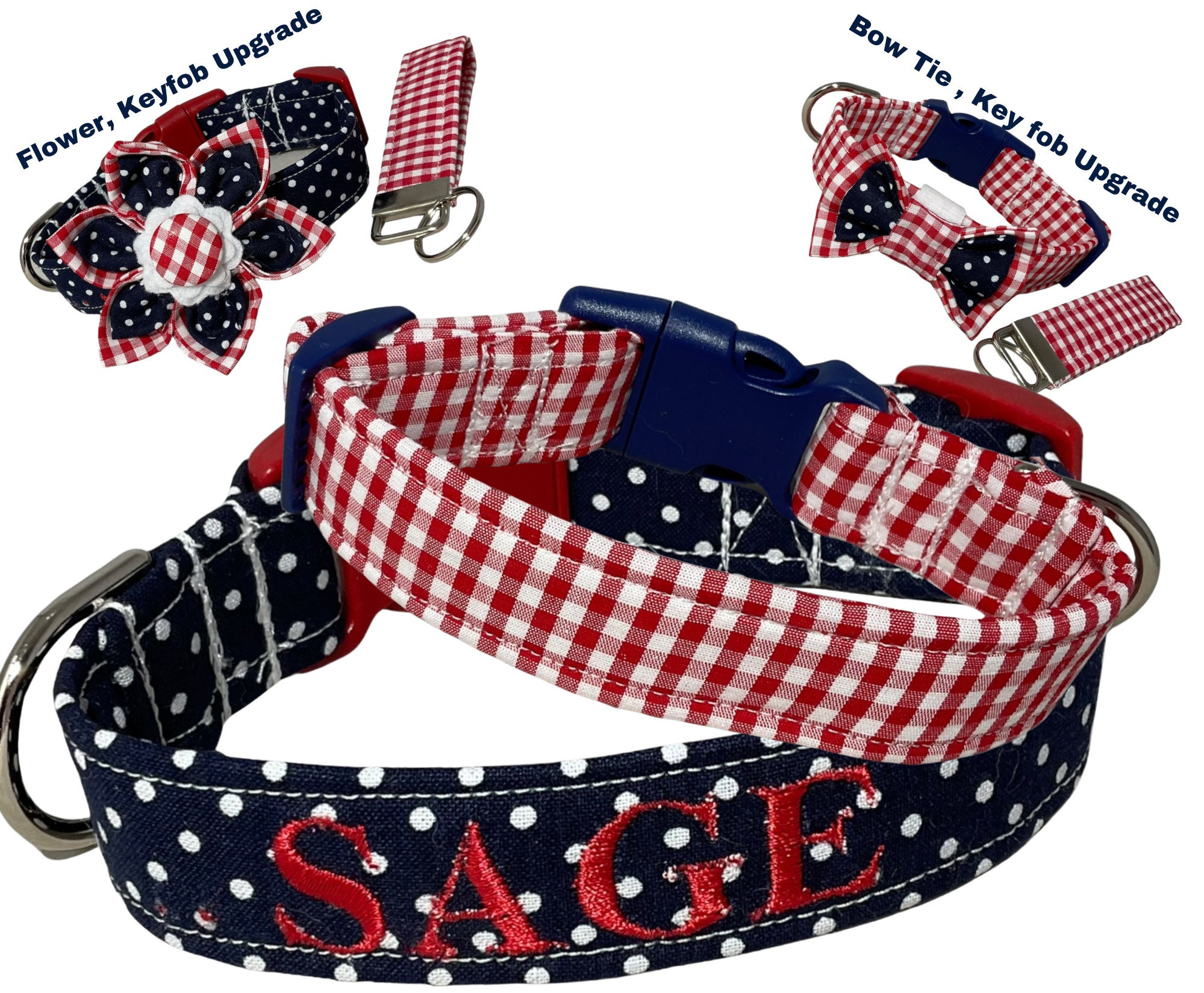 Patriotic Pet Collar - Gingham Plaid & Polka Dot - Red, White and Blue ...
