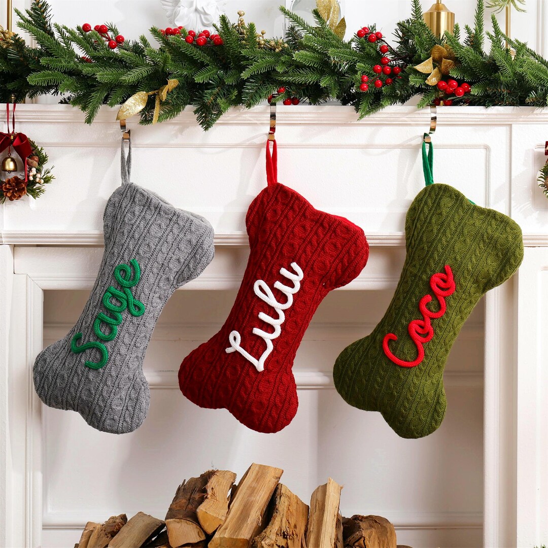 Personalized Knit Dog Bone Christmas Stocking: Custom Creamy Ivory ...