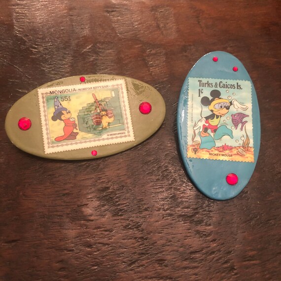 2 Hand Made Pins with Mickey Mouse Stamps - Gem