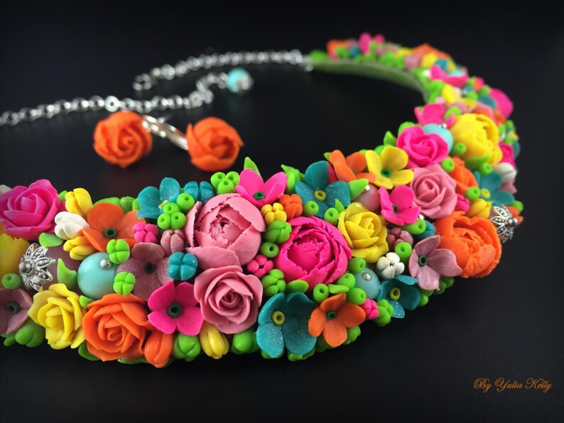 Colorful Floral Necklace Polymer Clay Flowers Jewelry - Etsy