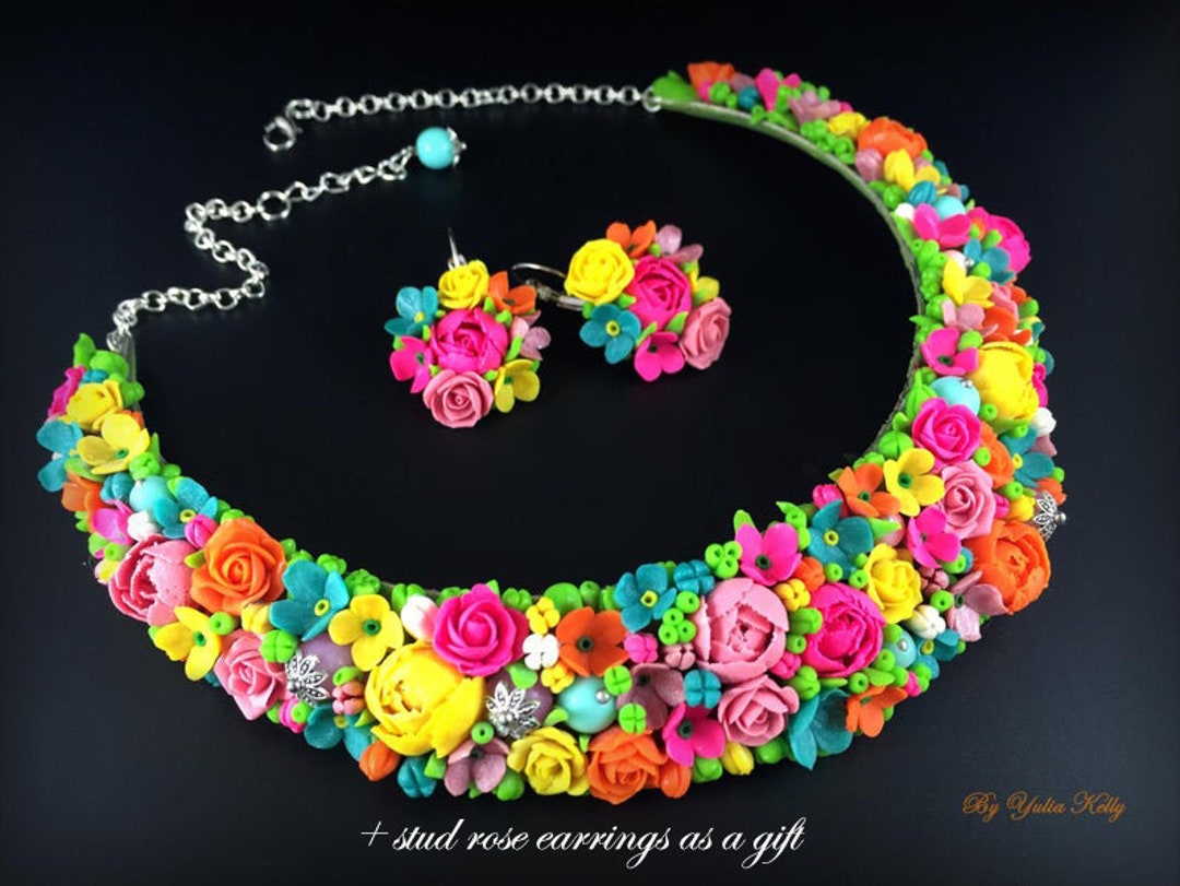 Colorful Floral Necklace, Polymer Clay Flowers Jewelry, Colorful ...