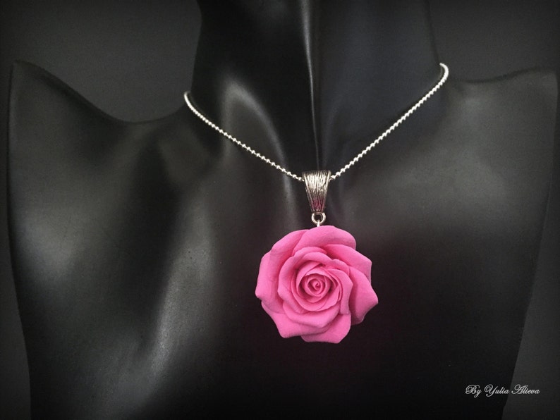 Pink Rose Necklace Polymer Clay Necklace Pink Rose Jewelry Polymer