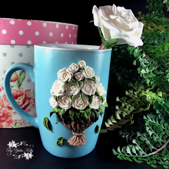 Handmade Polymer Clay Rose Mug, Unique Decorated Ceramic Cup - Etsy