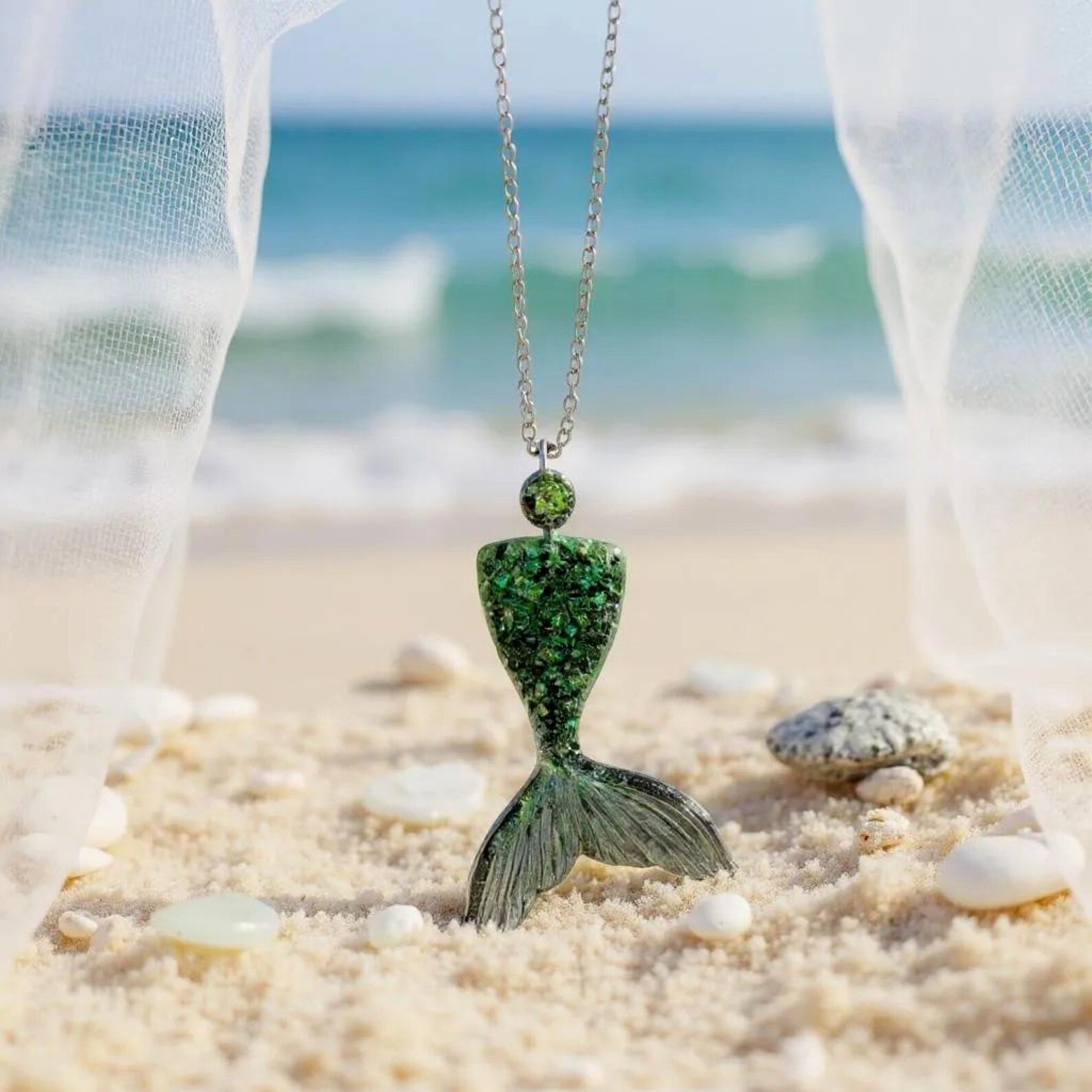 Sea Life Necklace, Water Necklace, Ocean Resin Necklace, Sea Crystal ...
