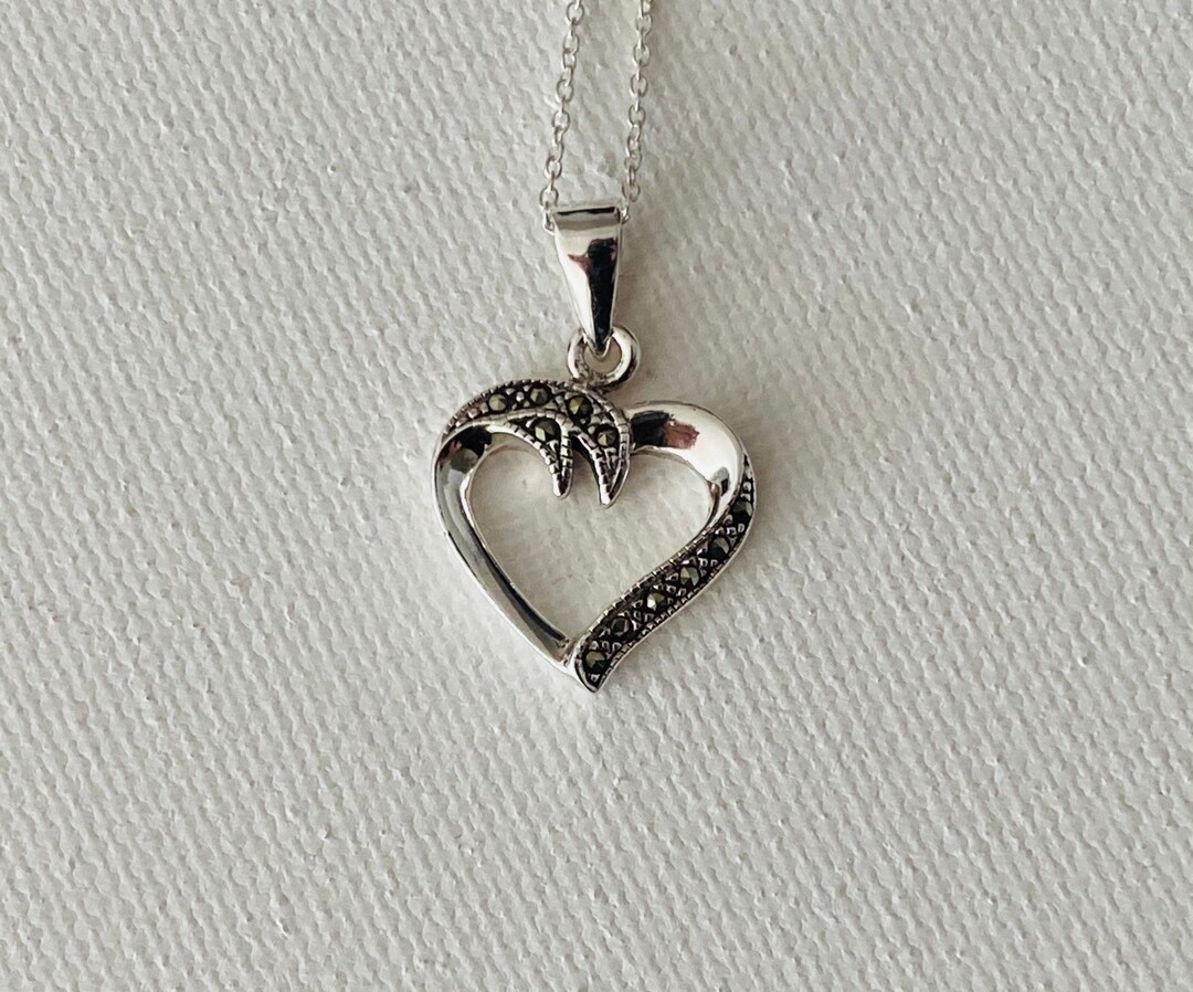 Vintage Sterling Silver Marcasite Heart Pendant - Marcasite Heart ...
