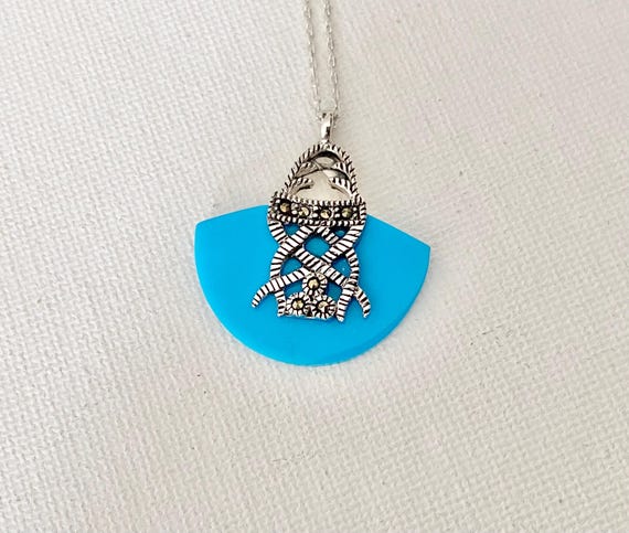 Vintage Sterling Silver Marcasite Necklace Marcasite Pendant Sterling Silver Necklace Gift for her Vintage Turquoise necklace Etsy