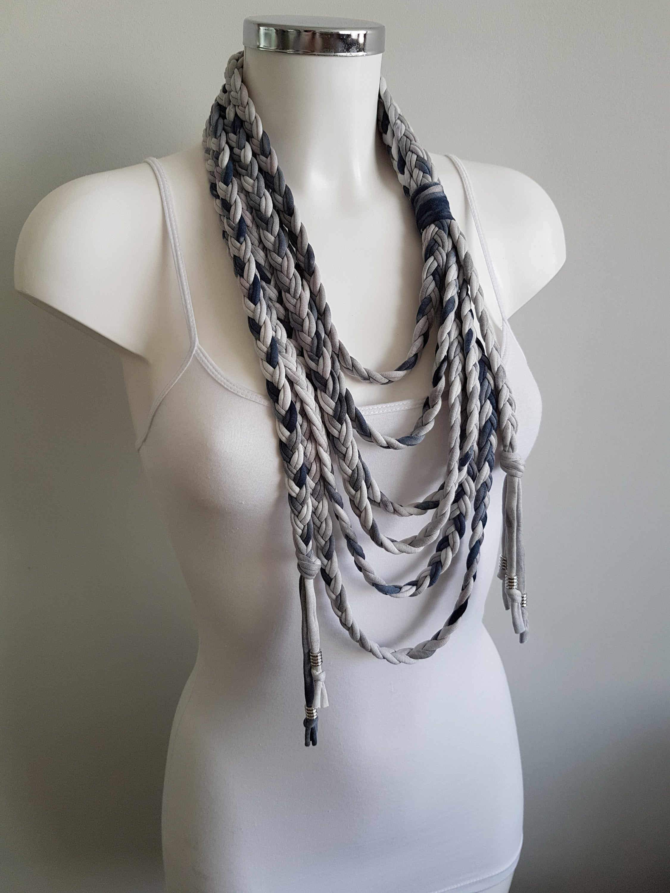 Fabric Necklace, Grey Necklace, Textile Jewelry, Braided Necklace ...