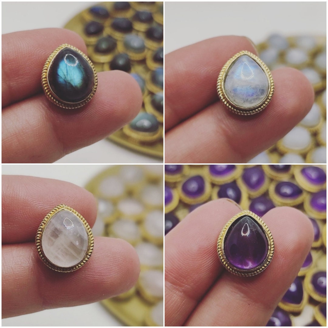 14mm Slotted Cabochons, Brass Framed Stones for Micro Macrame Jewelry ...