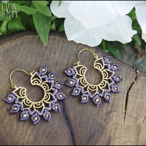 Tribal Brass Macrame Earrings. Mandala Earrings. Lotus Flower - Etsy