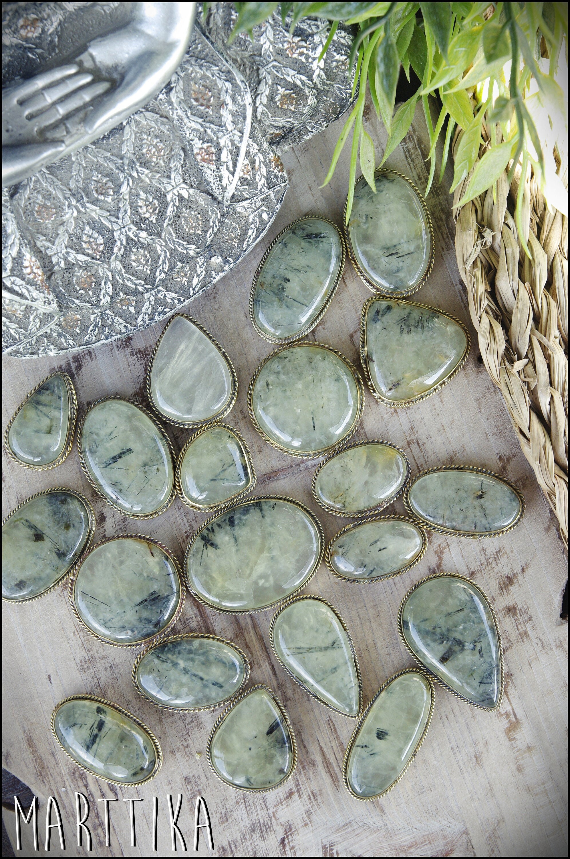 Grooved Cabochon Prehnite Grooved Stone Brass Framed Stones | Etsy