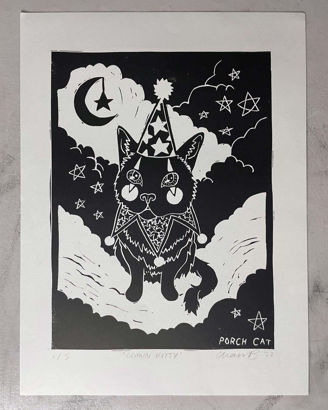 Cosmic Clown Kitty | Cat Portrait | Block Print Art | Linocut ...