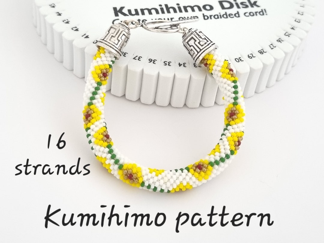 16 Strand Sunflowers Beaded Kumihimo Bracelet PDF Pattern and Tutorial Seed Beads Braided Rope ...