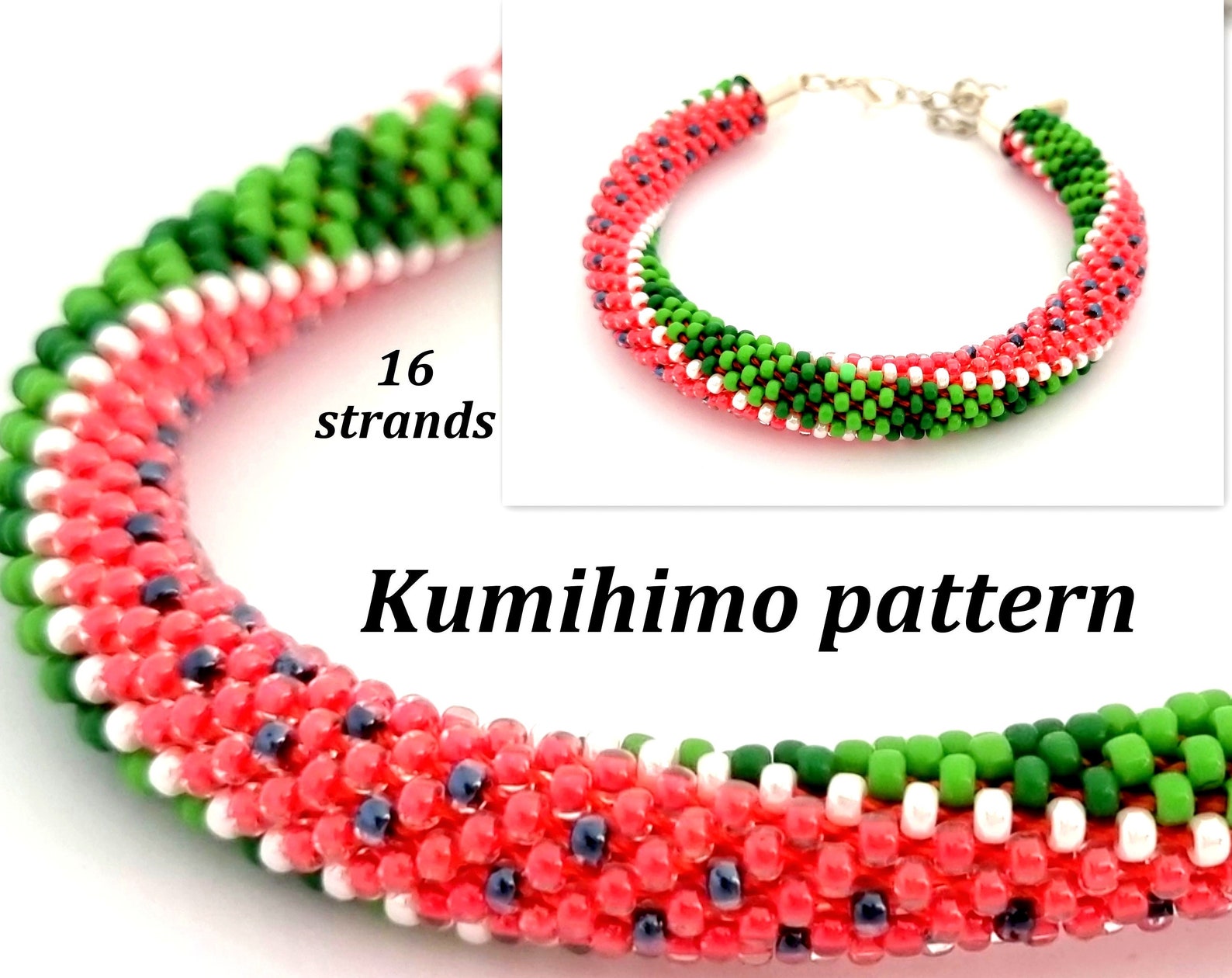 16 Strand Beaded Kumihimo Bracelet PDF Pattern and Tutorial Watermelon ...