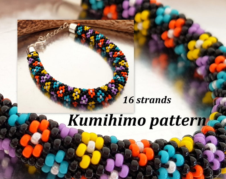 16 Strand Beaded Kumihimo Bracelet Pattern Tutorial Colorful Flowers ...