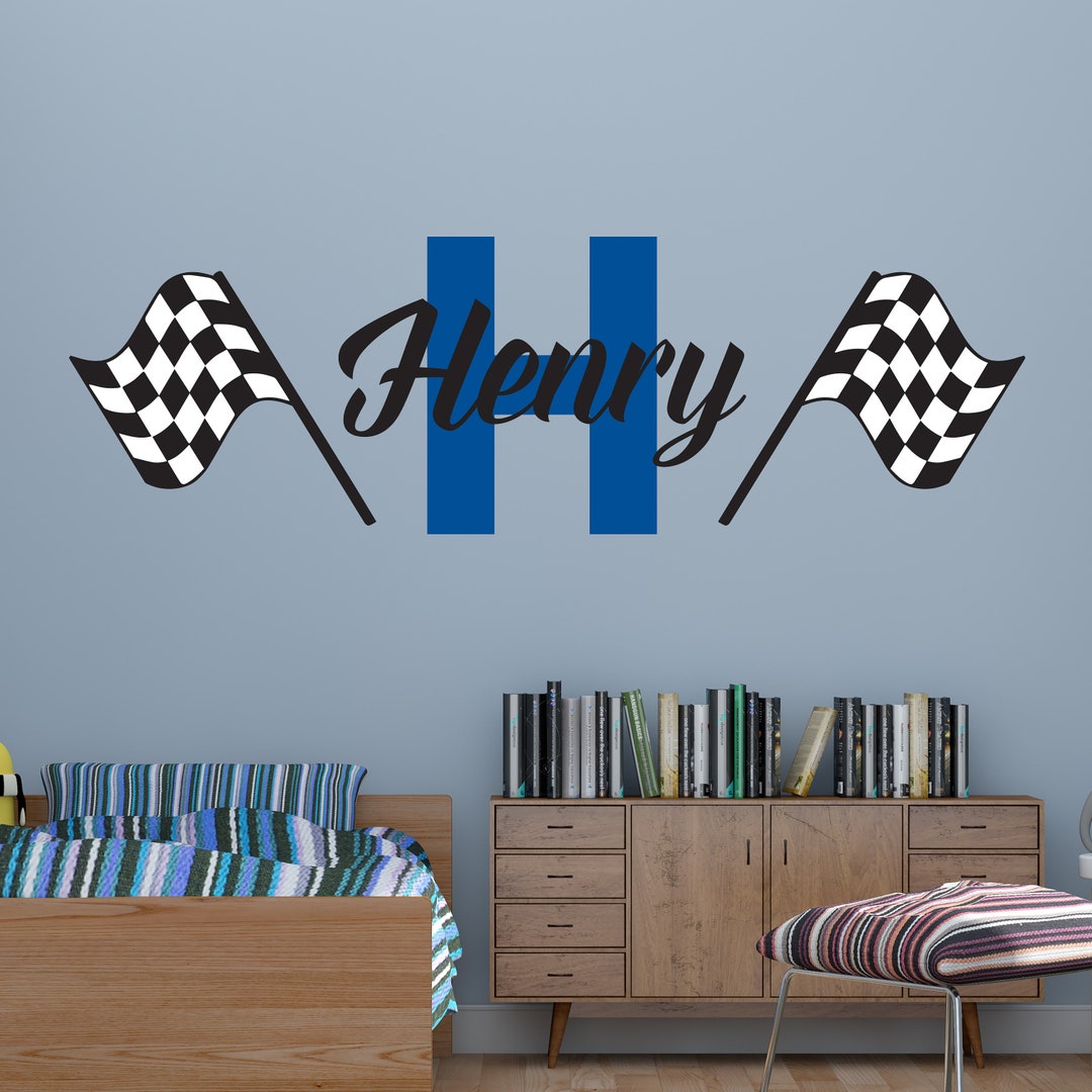 Personalized Race Car Flags Wall Decal Choose Colors Fonts, Boy Nursery ...