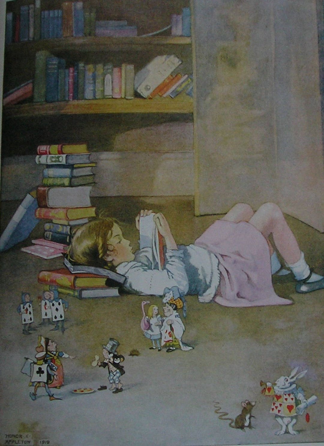 Young Girl Reading Her Books Alice in Wonderland Toys Antique Children ...