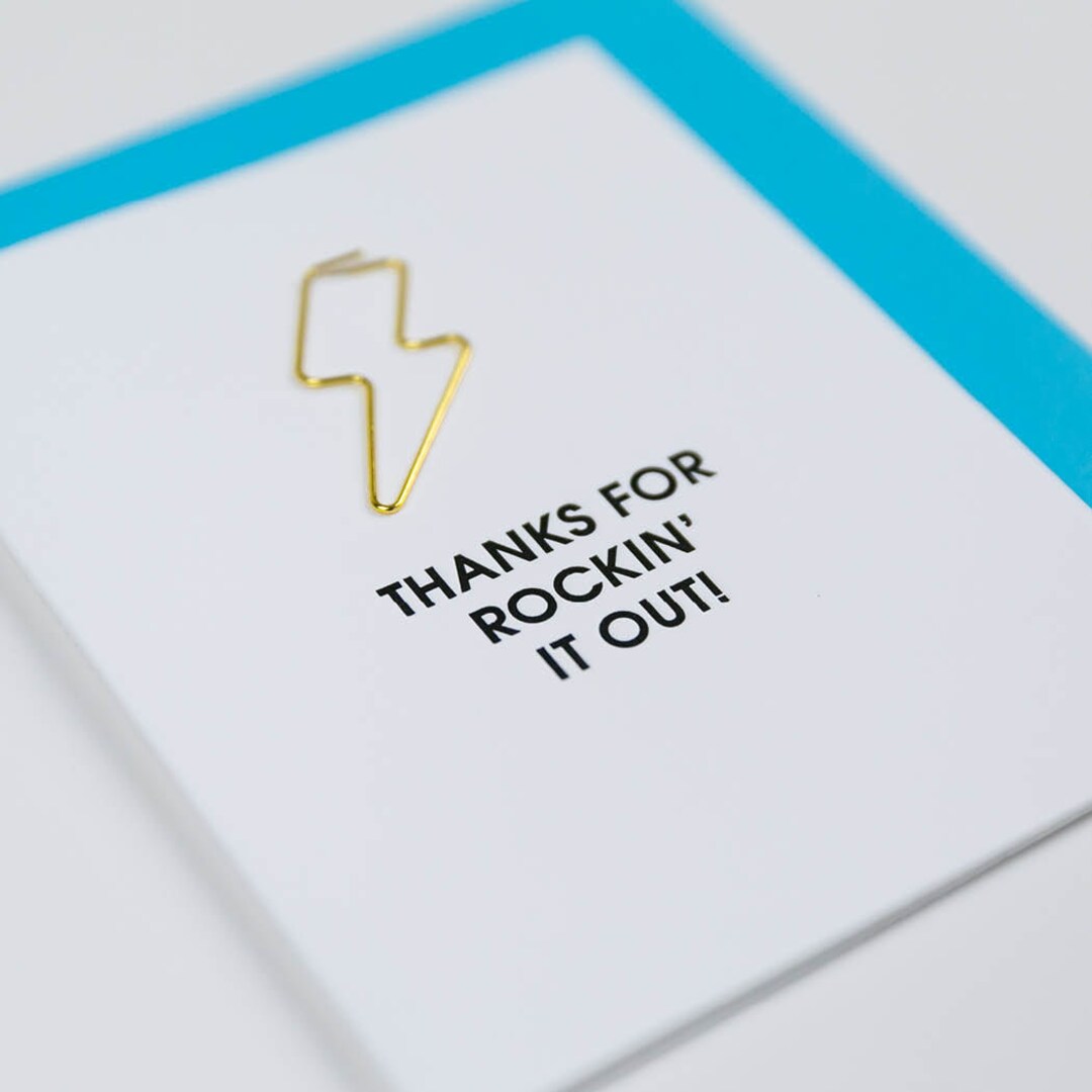 Thanks for Rockin' It Out Lightning Bolt Paper Clip Letterpress Card - Etsy