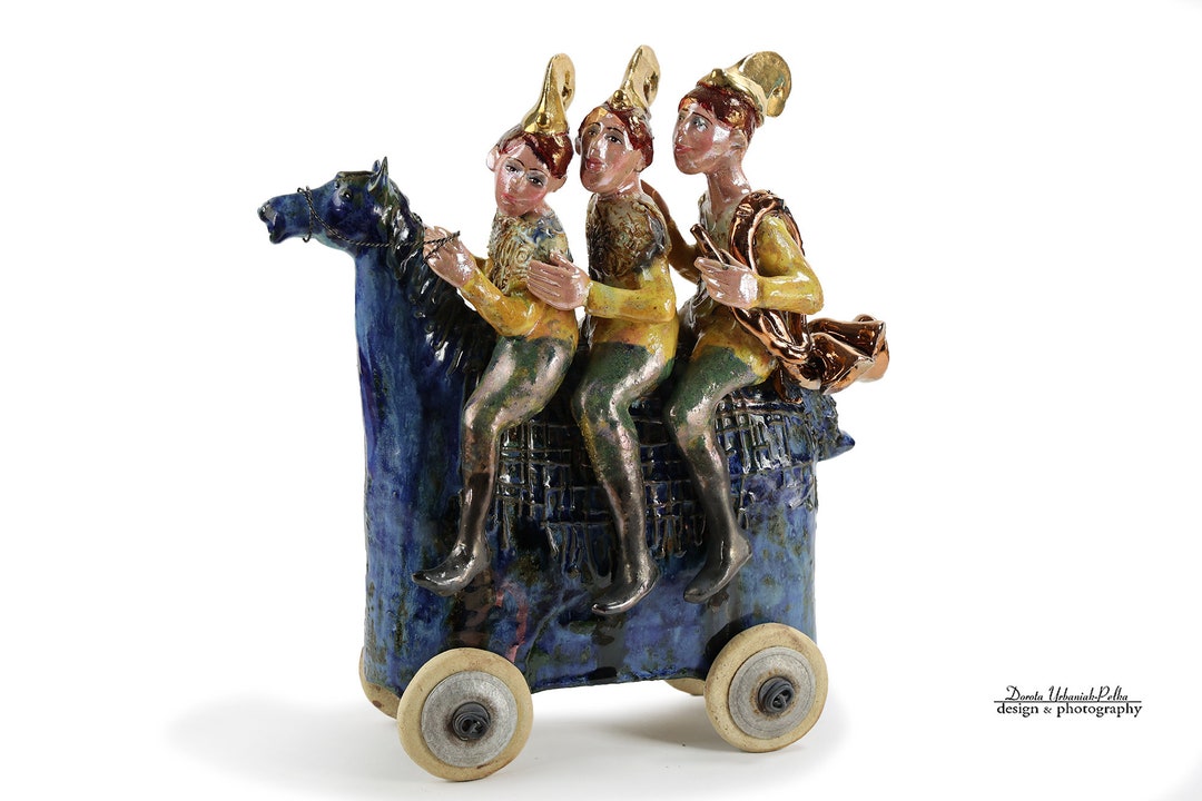 Triple Exotic Riders With a Musical Instrument HORSE CERAMIC SCULPTURE ...