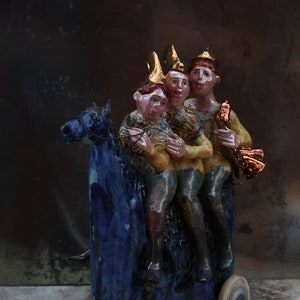 Triple Exotic Riders With a Musical Instrument HORSE CERAMIC SCULPTURE ...
