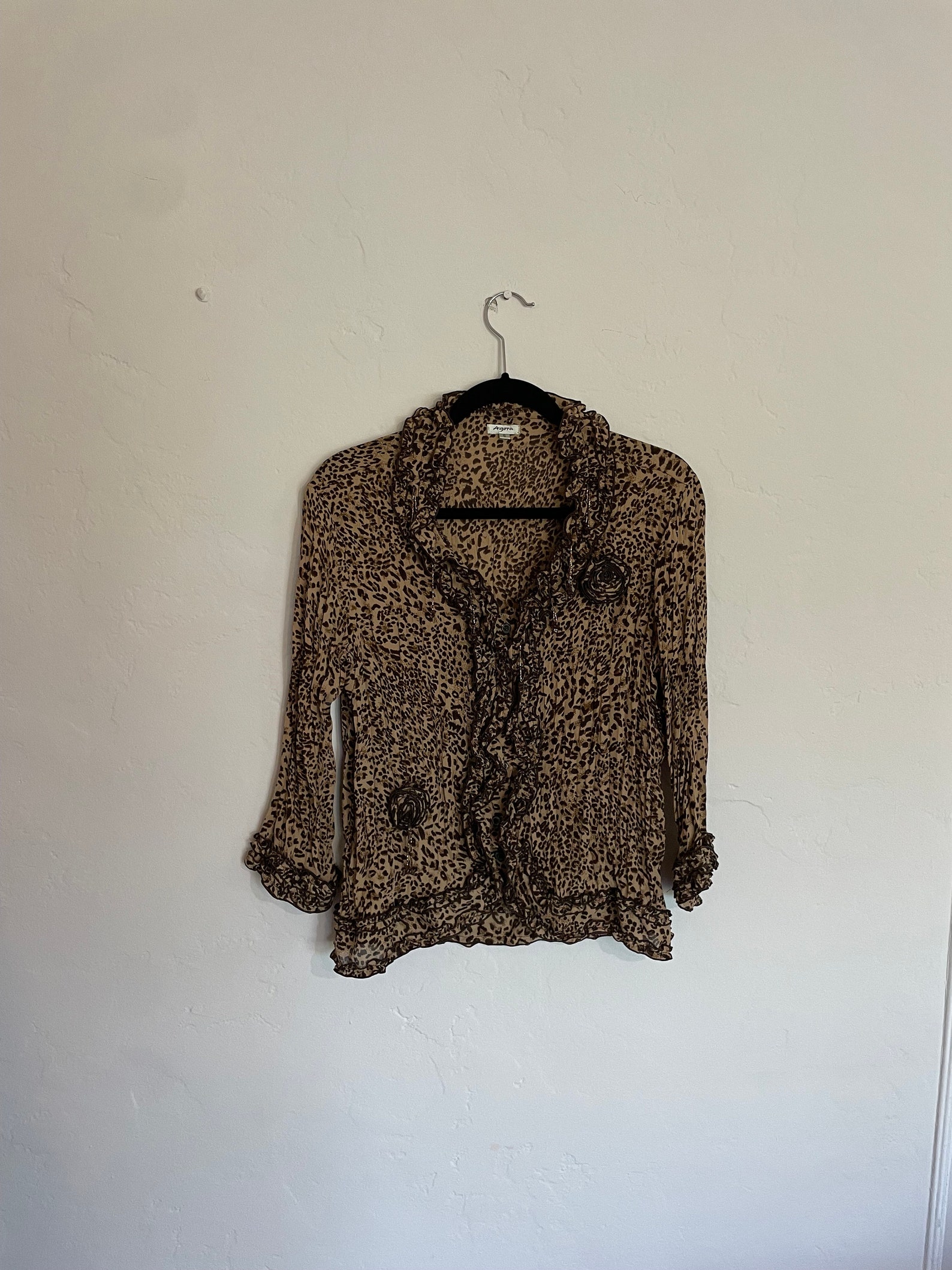 Vintage 2000’s Leopard Animal Print Button up Ruffled 3/4 Sleeve Blouse ...