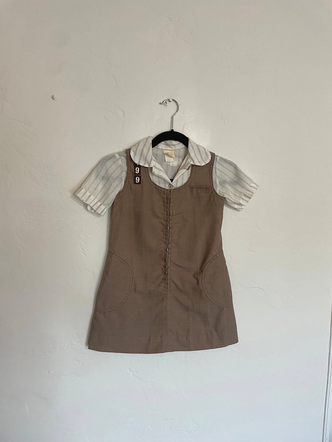 Vintage 1970s 1980s Girls Girl Scout Brownies Brown Dress With White Short Sleeve Button up ...