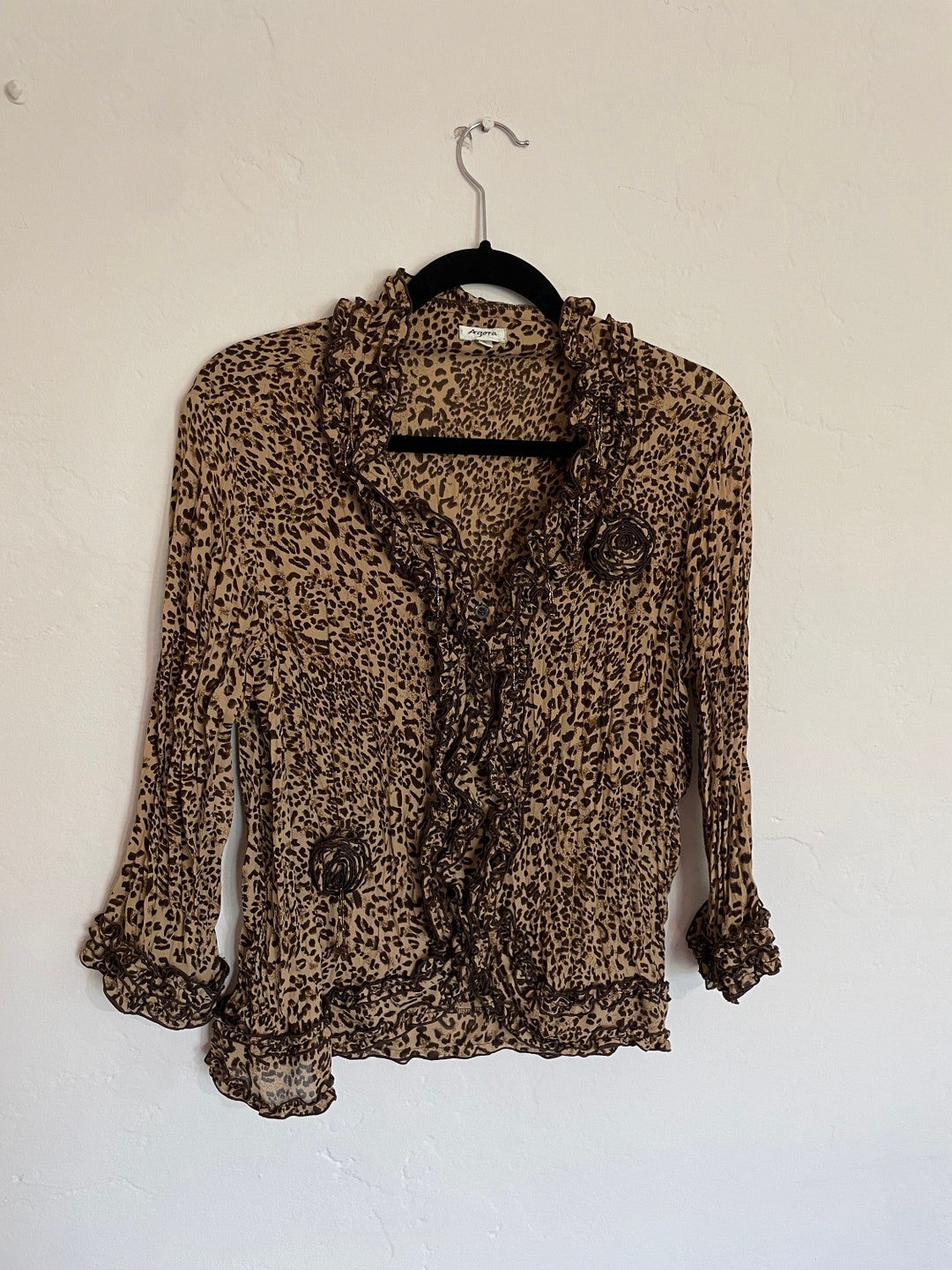 Vintage 2000’s Leopard Animal Print Button up Ruffled 3/4 Sleeve Blouse ...
