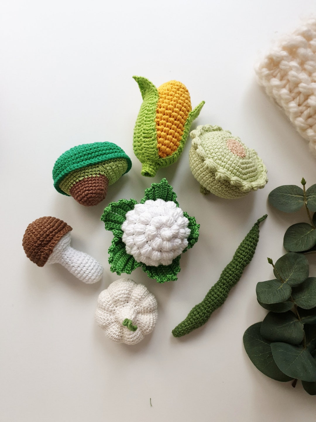 Knitted Set Vegetables 7 Pcs - Avocado,corn, Garlic, Mushroom, Knitted ...