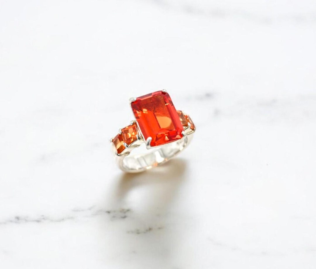 Sterling Silver Emerald Cut Orange Glass Gemstone Cocktail Ring, Orange ...