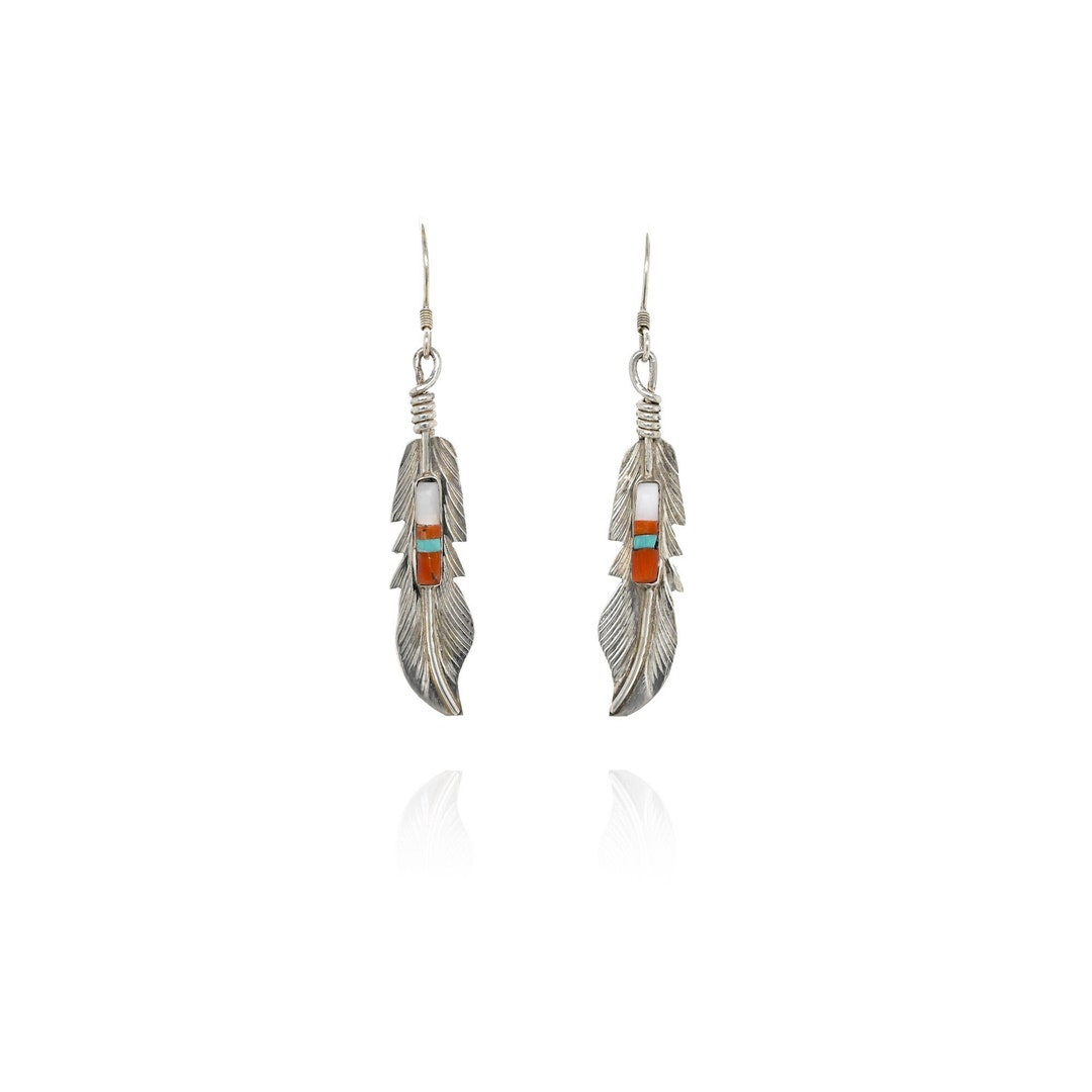 Sterling Native American Inlay Feather Dangle Earrings, F Barney ...