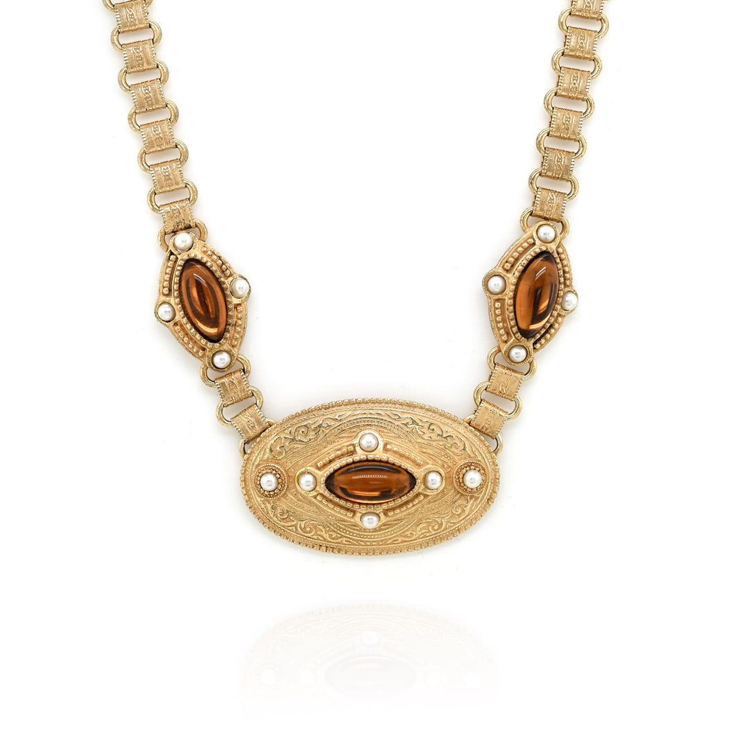Ornate Gold Plated 1928 Victorian Revival Faux Ambar Statement Necklace ...