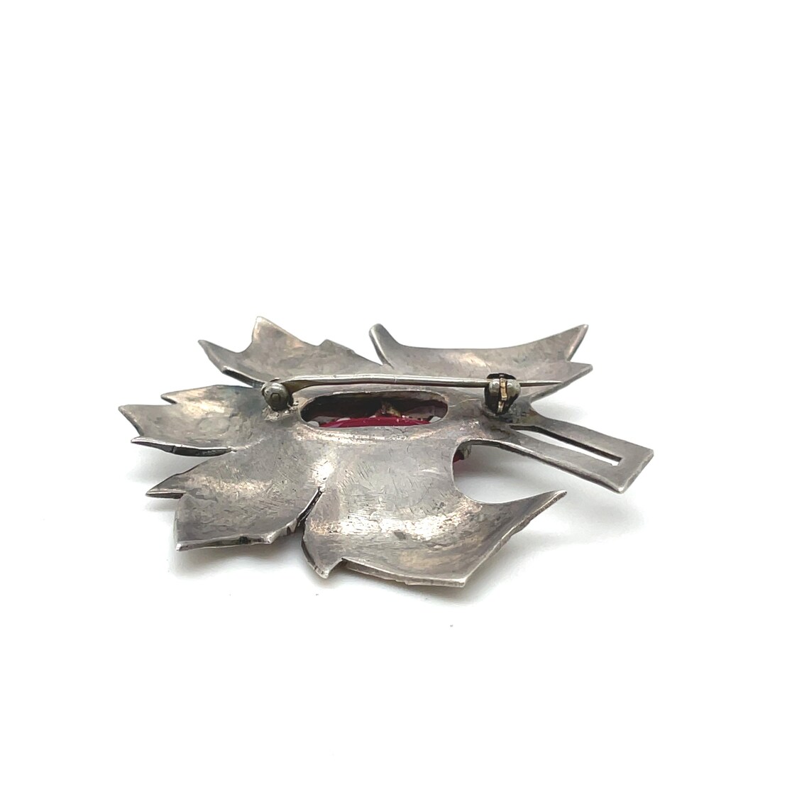 Sterling Silver and Fuschia Glass Stone Leaf Floral Brooch Pin, Antique ...