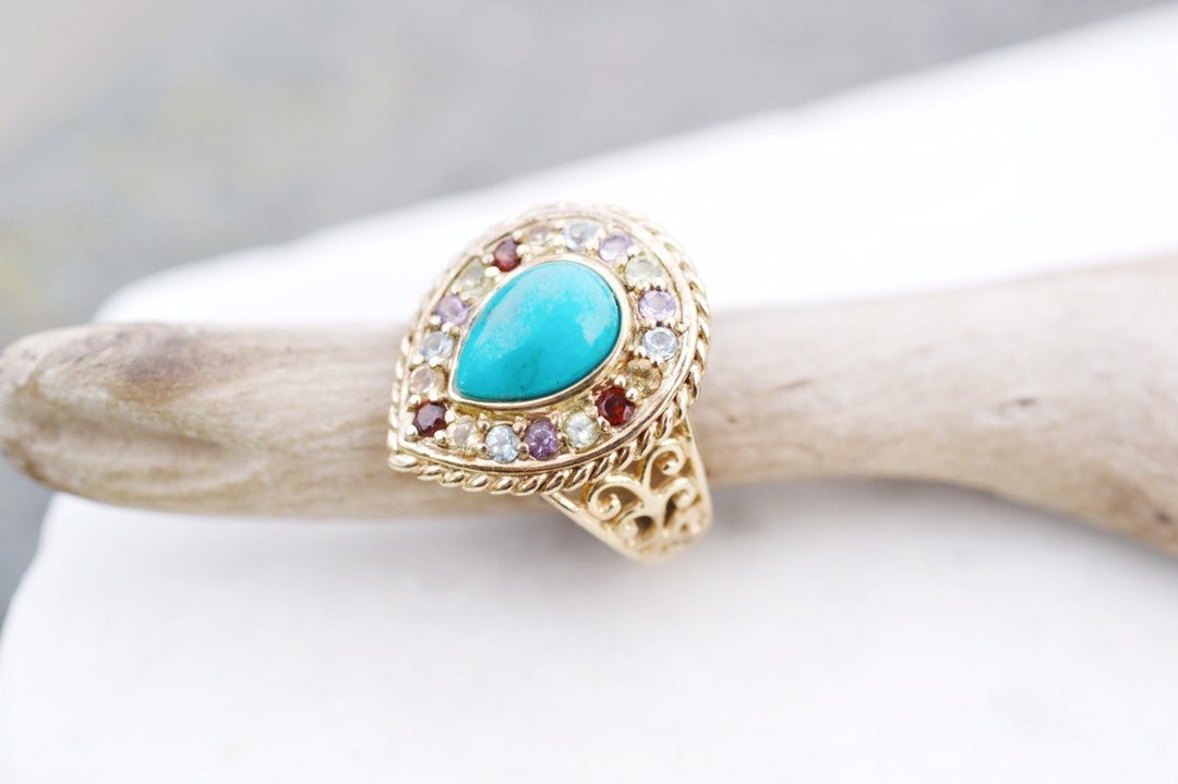 Sterling Silver Gold Overlay Turquoise Teardrop Ring, Turquoise ...